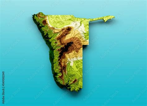 D Rendering Of A Height Map Of Namibia With Shaded Relief Isolated On Blue Background Stock