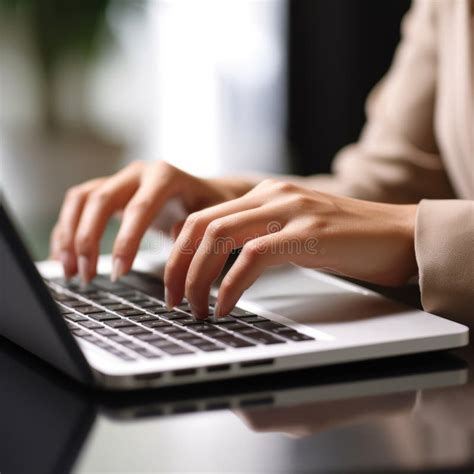 Close Up Of Female Hands Typing On Laptop Keyboard Indoors Ai