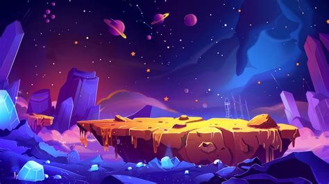 Space Game Platform With Stones Floating In Air Satellites Shining In