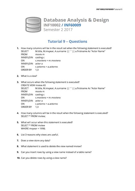 Week9 Tutorial Questions For Inf10002 Database Analysis And Design