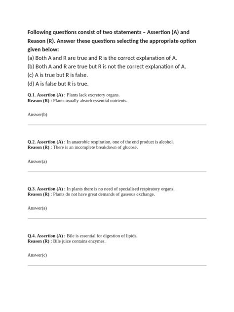 Assertion And Reason Cbse Life Process Pdf Digestion Heart
