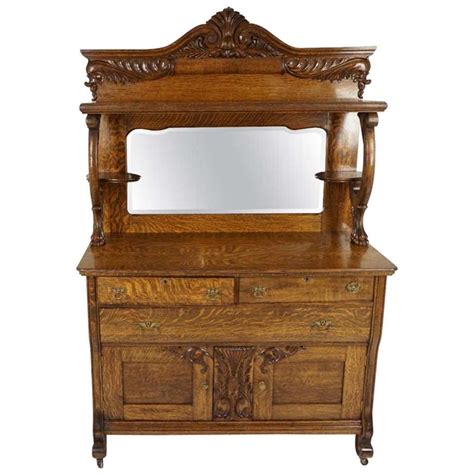 Antique Oak Sideboard Quarter Sawn Mirror Back Sideboard American