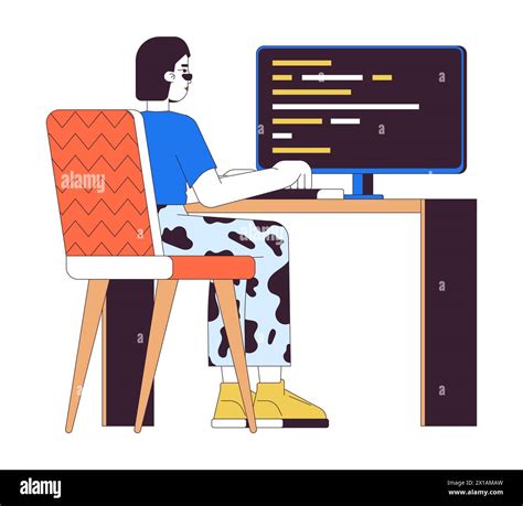 female web developer at work 2d linear cartoon character stock vector
