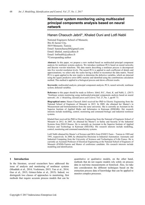Pdf Nonlinear System Monitoring Using Multiscaled Principal Components Analysis Based On