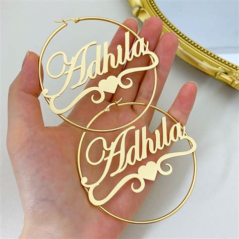 Gold Name Earrings Custom Name Earrings With Heart Larger Hoop