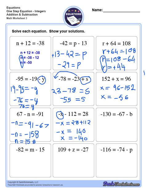 V3 One Step Equations Integers Addition And Subtraction V3 Pdf Mathematics Mathematical