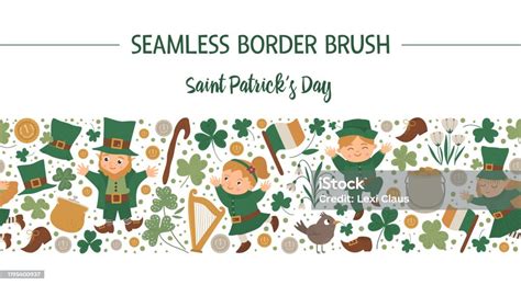 벡터 세인트 패트릭의 날 원활한 패턴 브러시 아일랜드 어 휴일 테마 배경입니다 반복 국경 레프렌 흰색 배경에 고립 토끼풀 St