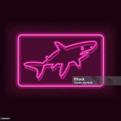물고기 상어와 네온 사각형 프레임입니다 빛나는 간판 디자인 벡터 일러스트레이션 3차원 형태에 대한 스톡 벡터 아트 및 기타