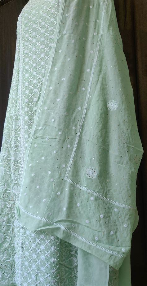 Mint Green 3 Taar Chikankari Mukaish And Jaali Work Kurta And Dupatta