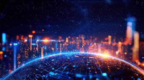 Illuminated Cityscape Merging Abstract Technological With Digital Globe