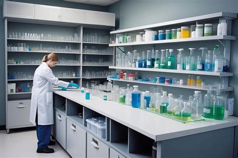 Premium Photo Depict A Wellorganized Babe Lab With Labeled Shelves Holding Chemical Reagents