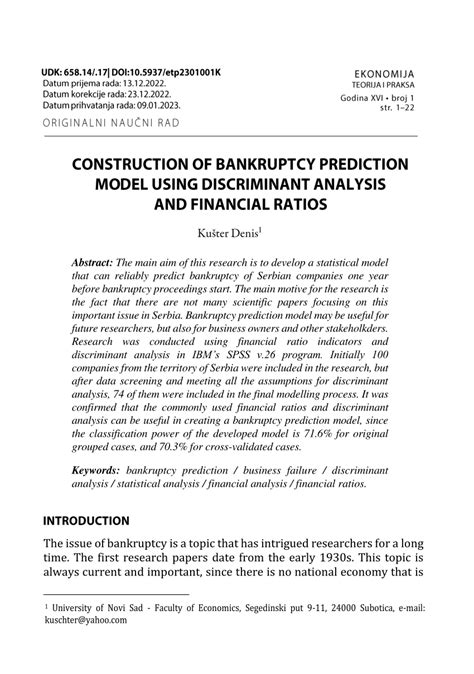 PDF Construction Of Bankruptcy Prediction Model Using Discriminant Analysis And Financial Ratios