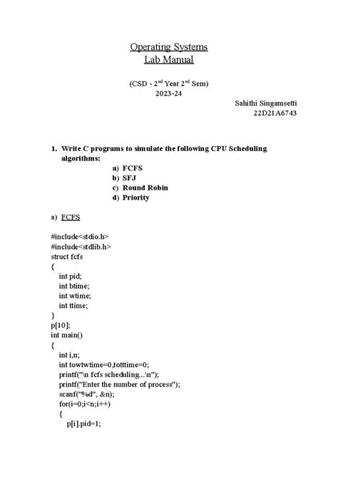 Operating Systems Lab Manual Operating Systems Lab Manual Csd 2nd