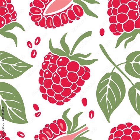Cute Raspberry Seamless Pattern Ripe Raspberry Raspberry Halves And Leaves On White Background