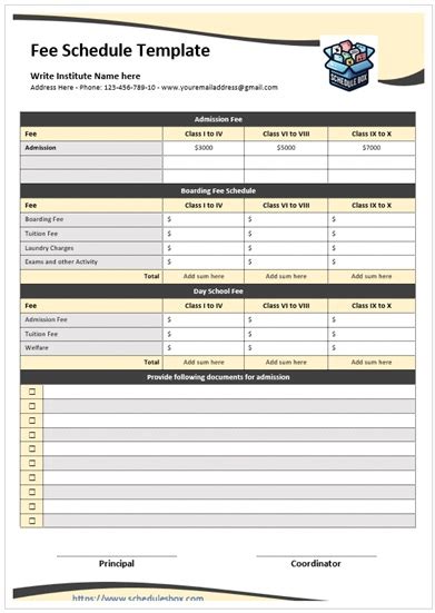 Free Fee Schedule Templates Schedules Box