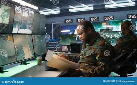Army Specialist Overseeing National Safety Operations Reading Folder Files Stock Image Image