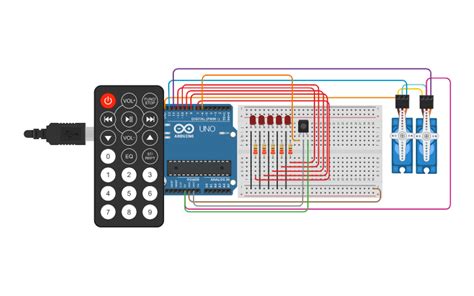 circuit design motor and led control using ir remote tinkercad