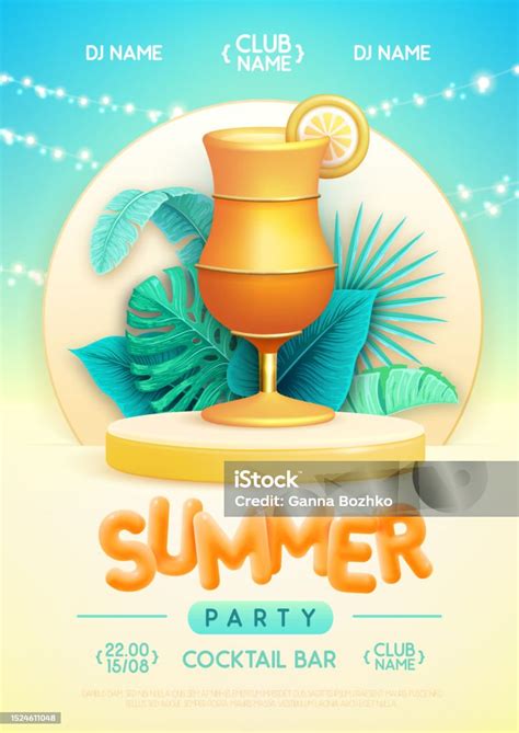 3d 무대 열대 나뭇잎 데킬라 일출 칵테일이 있는 여름 디스코 파티 포스터 화려한 여름 해변 장면입니다 벡터 그림 3차원 형태에 대한 스톡 벡터 아트 및 기타 이미지