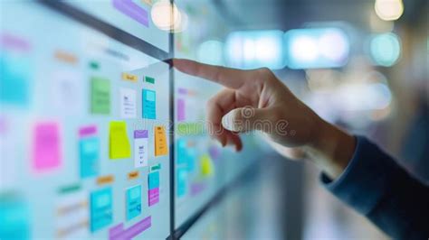 Agile Software Development Scrum Methodology Boards Workflow Finger Touching Virtual Interface
