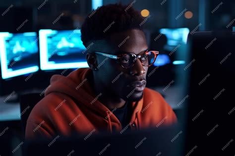 Programmer black man and code reflection in glasses cyber security and hacking in workplace ...