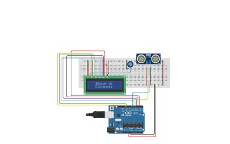 circuit design sensor de distancia con lcd 16x2 tinkercad