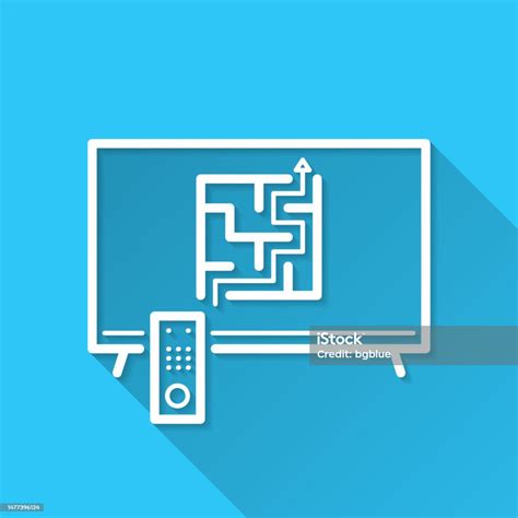 미로가 있는 Tv 파란색 배경에 아이콘 긴 그림자가 있는 평면 디자인 3차원 형태에 대한 스톡 벡터 아트 및 기타 이미지 3차원 형태 Brand Name Video