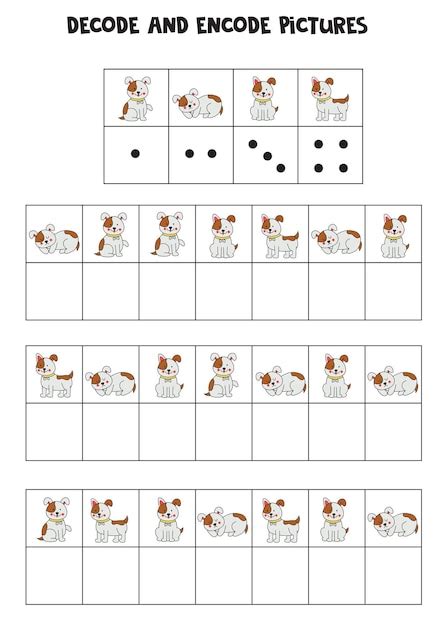 Décoder Et Encoder Des Images écrivez Les Symboles Sous Des Chiots Mignons Vecteur Premium