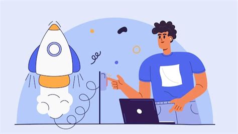 시작 로켓 발사 현대적인 평면 개념 젊은 남자가 버튼을 누르고 로켓 발사 새로운 프로젝트 야망과 비즈니스 목표의 시작 웹 배너 디자인을 위한 사람 장면이 있는 벡터 그림