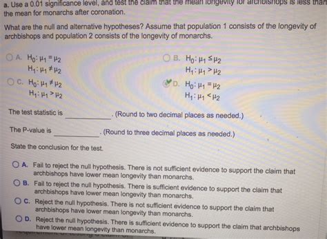 Solved Find The T Statistic P Value And Conclusion Of The