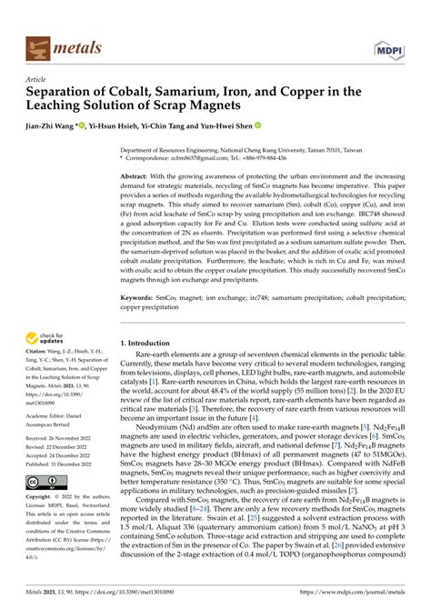 Pdf Separation Of Cobalt Samarium Iron And Copper In The Leaching