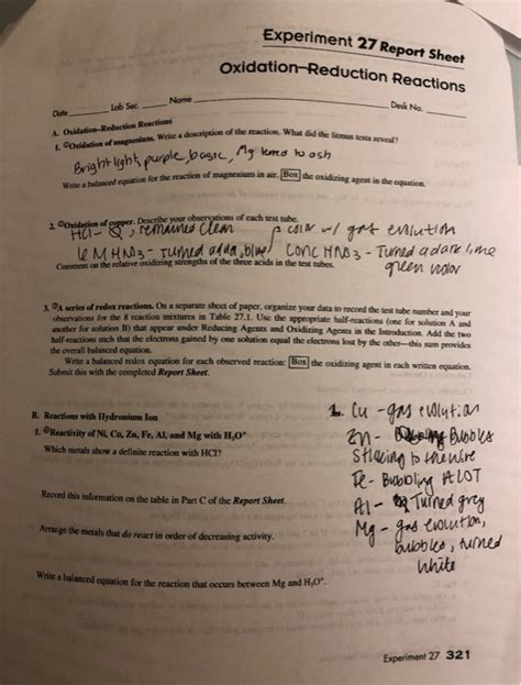 Experiment 27 Report Sheet Oxidation Reduction