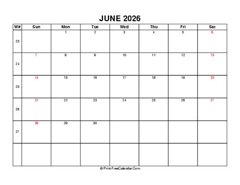 Download 2026 June Calendar Week Number Sunday Start Pdf Word Excel
