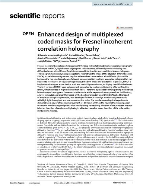 PDF Enhanced Design Of Multiplexed Coded Masks For Fresnel Incoherent Correlation Holography