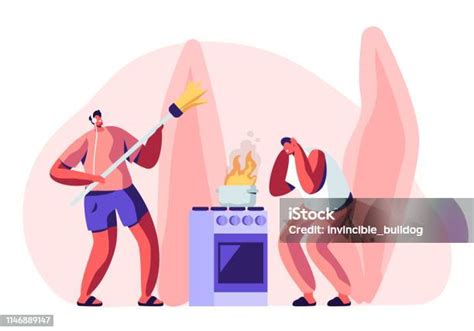 가정용 남성 캐릭터 하우스키핑 겁 먹은 남자는 팬에 불타는 불과 오븐에 서 서 헤드셋에서 남자는 음악을 듣고 빗자루와 함께 춤을