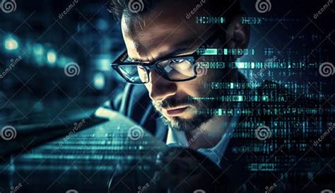 A Hacker Surrounded By Technological Holograms Intensely Focuses On Coding In A Close Up Shot