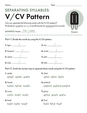 Separating Syllables V CV Pattern Worksheet Education Com Worksheets Library