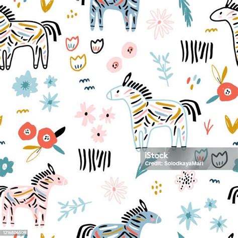 화려한 얼룩말 손으로 그린 꽃과 질감과 원활한 유치한 패턴 직물 직물에 적합합니다 크리에이티브 벡터 배경 지브라 무늬에 대한 스톡 벡터 아트 및 기타 이미지 Istock
