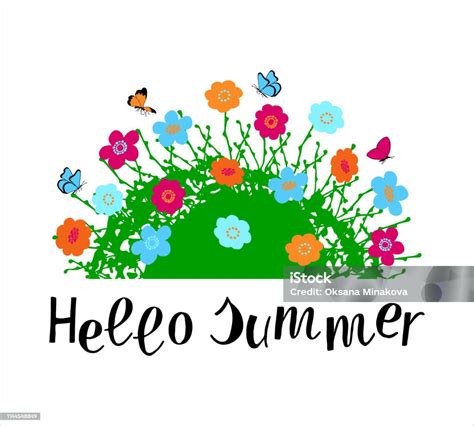 안녕하세요 여름 손 흰색 바탕에 꽃 조성 주석으로 그려진 레터링 문구 인사말 카드 포스터 배너 천 섬유 직물에 대 한 필기 서 예 디자인 벡터 일러스트 개념에 대한 스톡