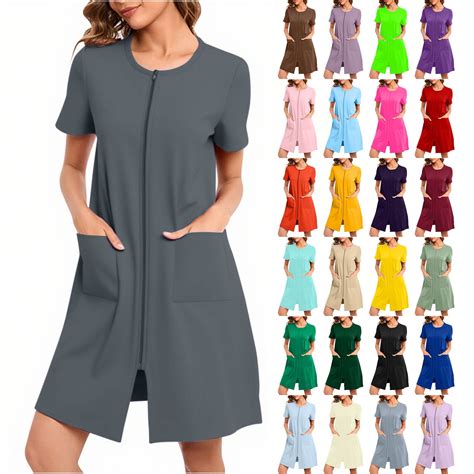 Horkkom House Coats For Women With Pockets Short Sleeve Zipper Nightgowns Loose Soft Robes M