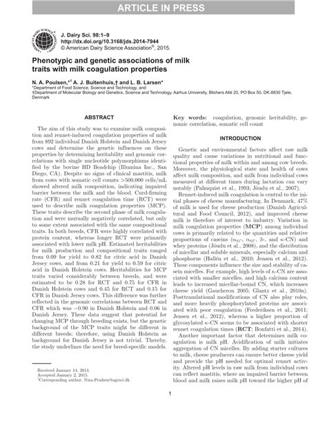 Pdf Phenotypic And Genetic Associations Of Milk Traits With Milk Coagulation Properties