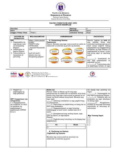 Week 1 Values Lesson Exemplar Pdf