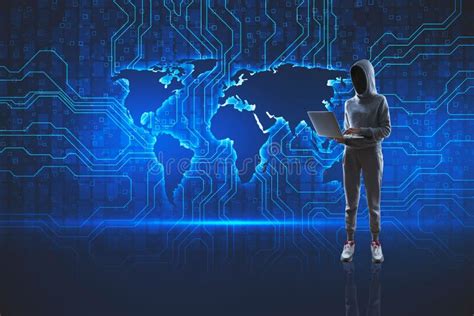 Hacker In Hoodie Using Laptop With Creative Digital Futuristic Circuit