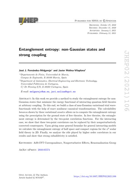 Pdf Entanglement Entropy Non Gaussian States And Strong Coupling