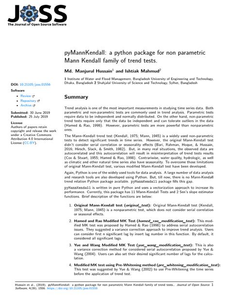 Hussain Mahmud 2019 Pymannkendall A Python Package For Non