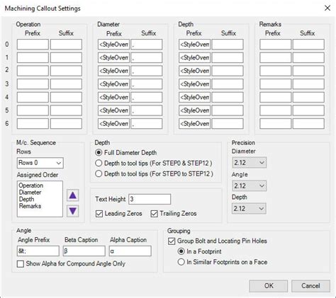 machining callout settings