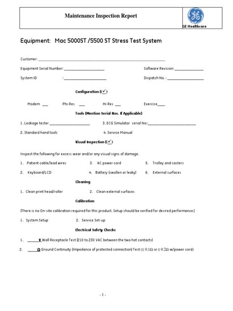Maintenance Inspection Report For Ge Healthcare Mac 5000st 5500 St Stress Test System