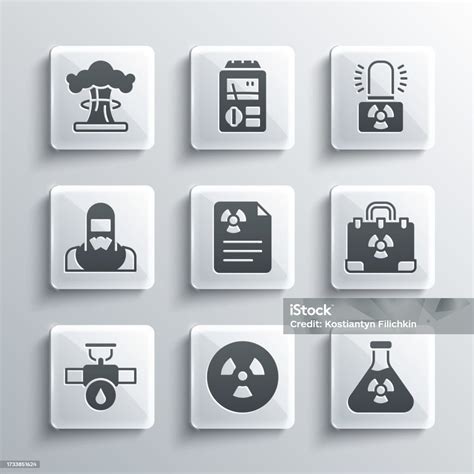 방사성 시험관 방사선 방사선 핵 가방 경고 문서 산업 파이프 및 밸브 원자로 작업자 폭발 및 램프 아이콘을 설정합니다 벡터