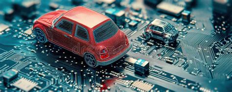 Red Toy Car On A Microchip Circuit Board Showcasing Technology And Automation Stock Image