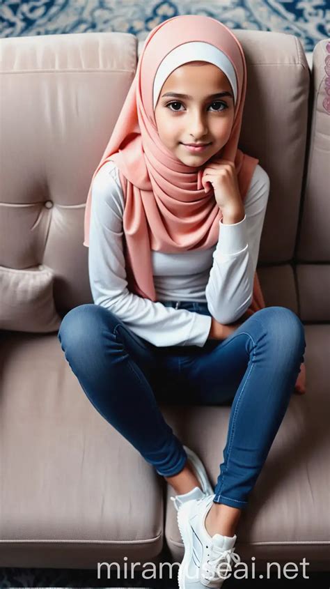 Arab Teenage Girl In Hijab Sitting On Sofa In Elegant Pose Muse Ai