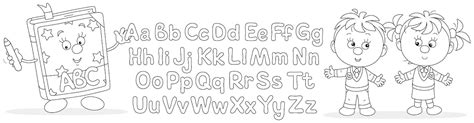 알파의 글자와 영어 수업에서 행복한 작은 학교 아이들과 함께 재미있는 만화 Abc 책 프리미엄 벡터